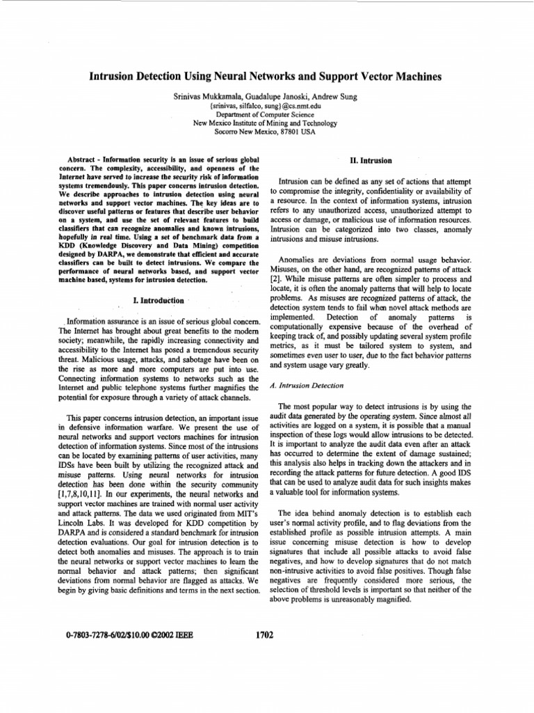 Intrusion Detection Using Neural Networks and Support Vector Machines | PDF | Support Vector ...