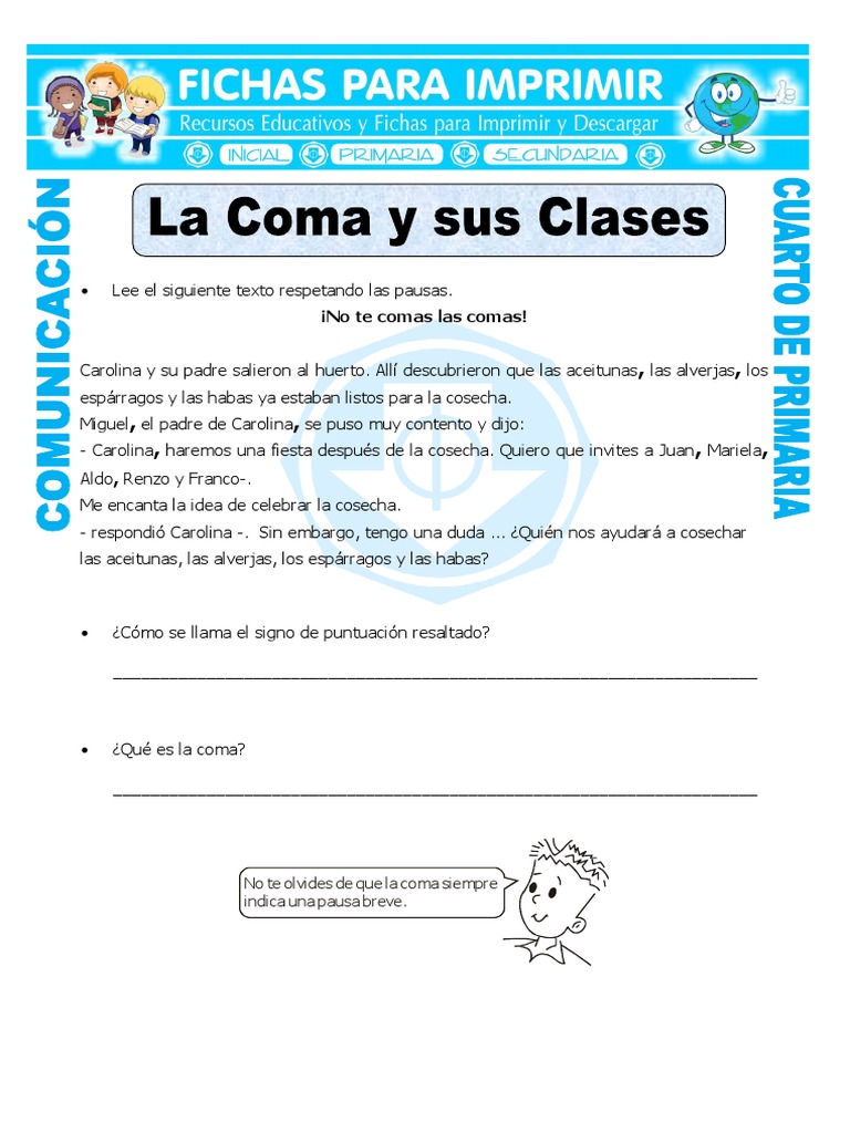 Ficha Clases de Coma para Cuarto de Primaria | PDF | Entretenimiento ...