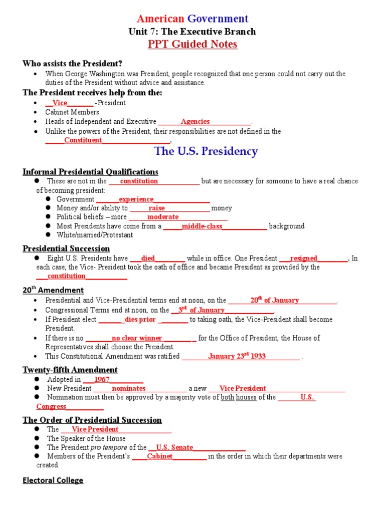 Am Gov Unit 7 The Executive Branch PPT Guided Notes Carson JFC 3-4-2021 ...