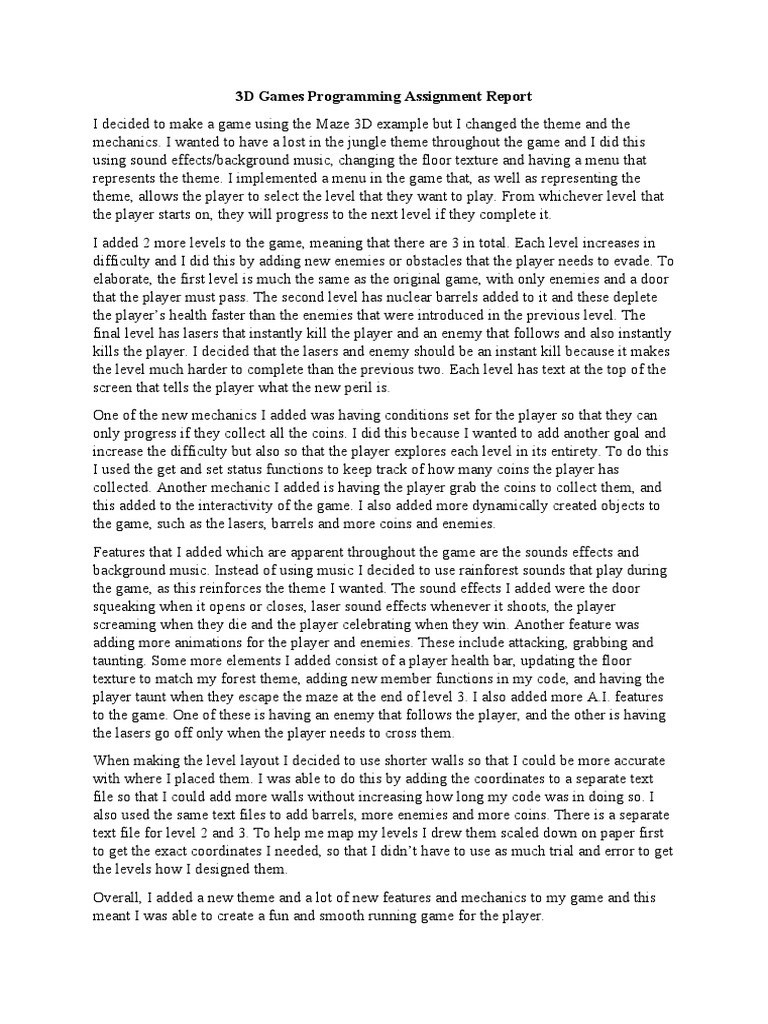 3D Games Programming Assignment Report | PDF | Leisure | Sports