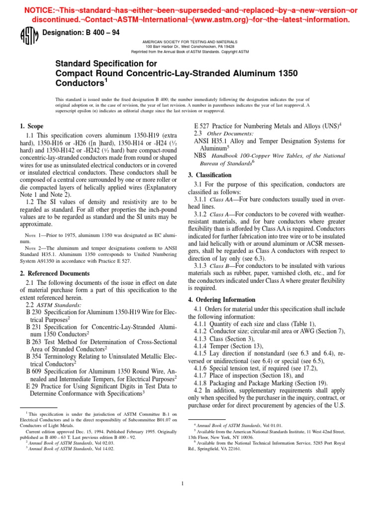 Astm B400-94 Al Compact | PDF | Wire | Electrical Conductor