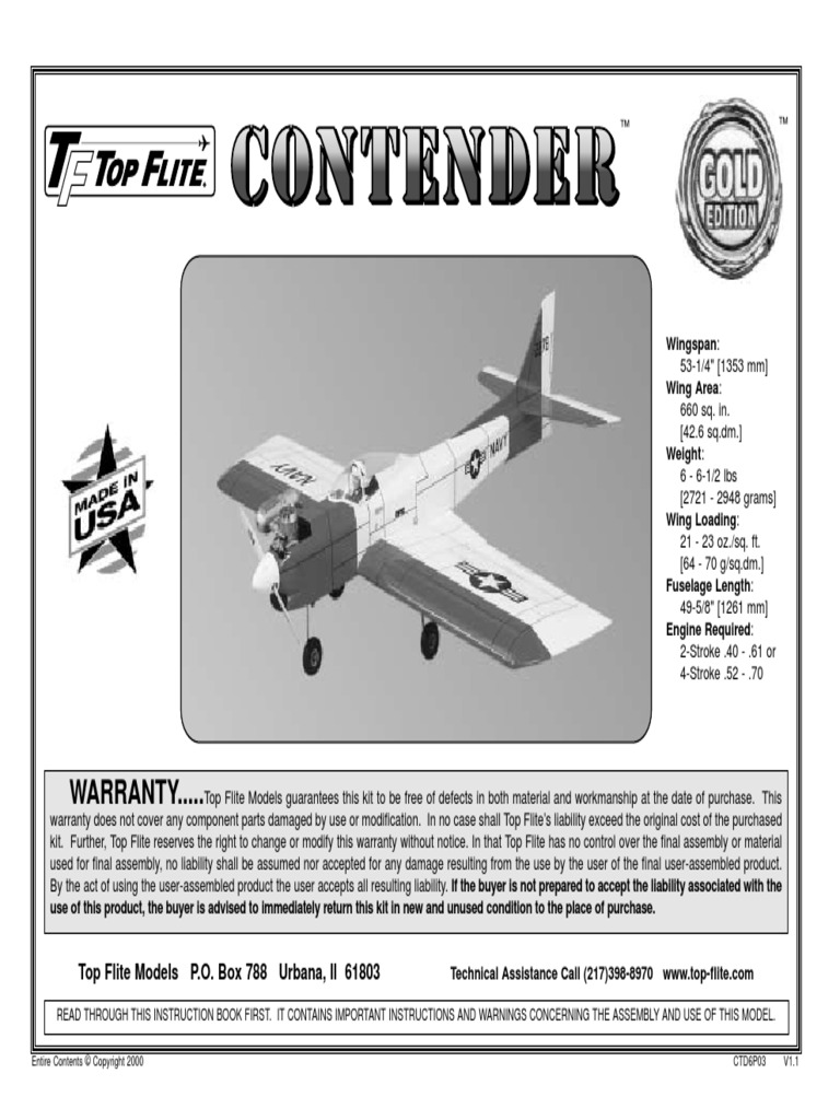 WARRANTY..... : Top Flite Models P.O. Box 788 Urbana, Il 61803 | PDF ...