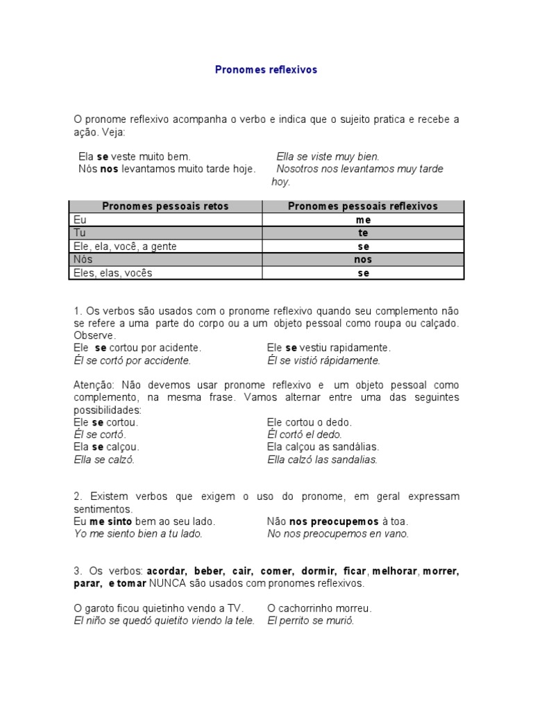 Pronomes Reflexivos | PDF | Pronome | Assunto (gramática)