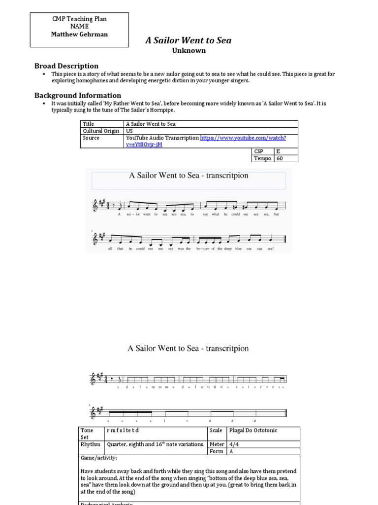 CMP Analysis Template - A Sailor Went To Sea 1 | PDF | Songs | Rhythm