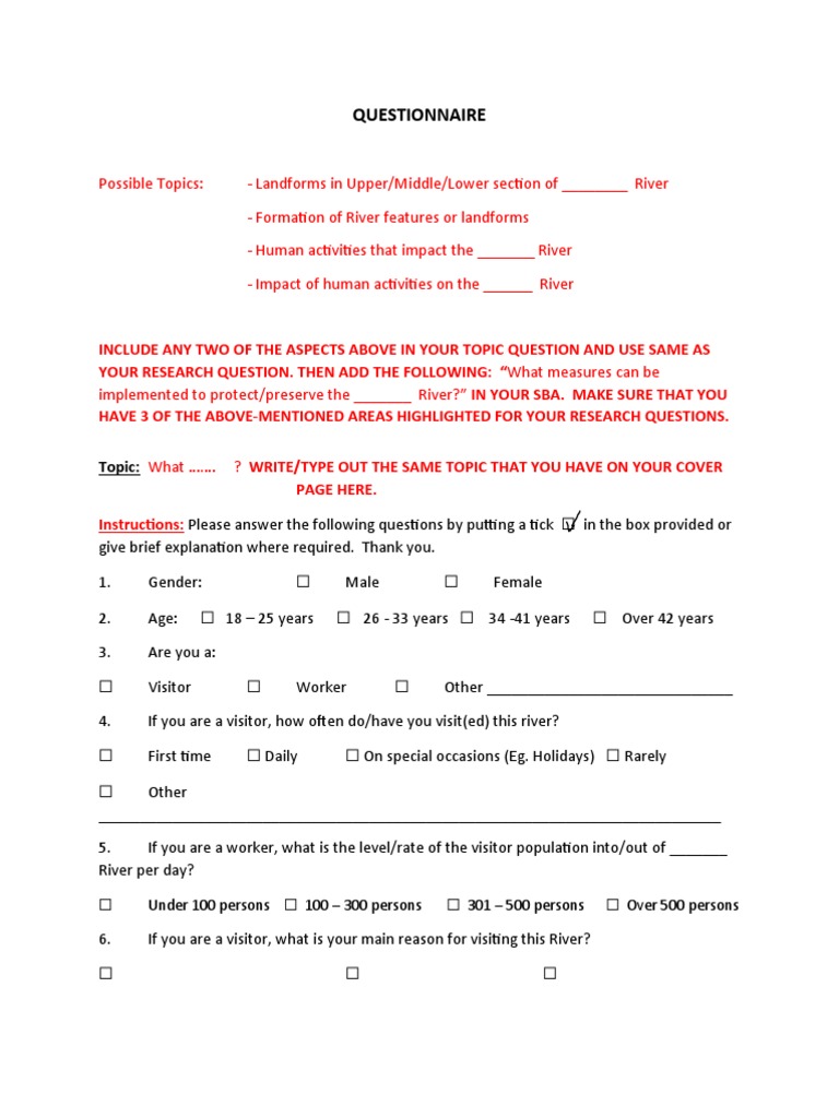 SAMPLE QUESTIONNAIRE - GEO SBA - Rivers | PDF | Business | Nature