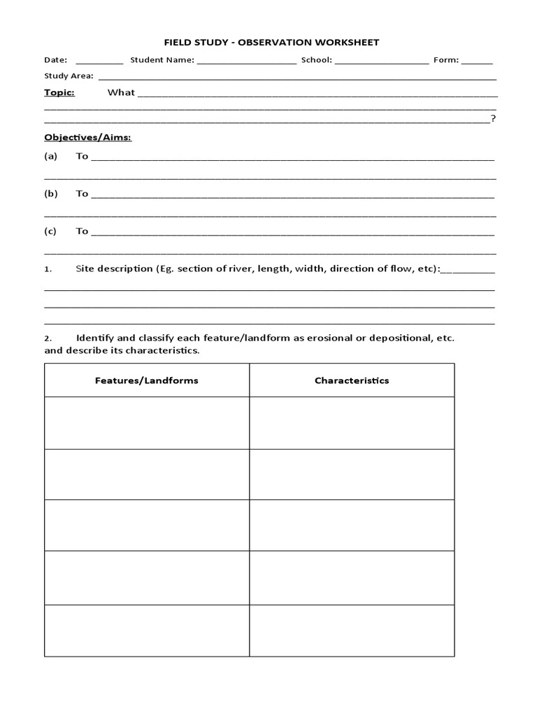 SAMPLE FIELD STUDY OBSERVATION WORKSHEET - GEO SBA - Rivers | PDF ...