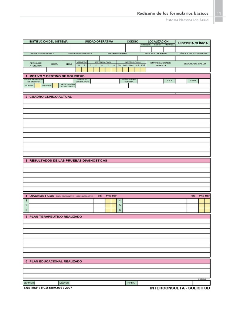 Hoja de Interconsulta MSP 2007 | PDF | Ciencias de la Salud | Cuidado ...