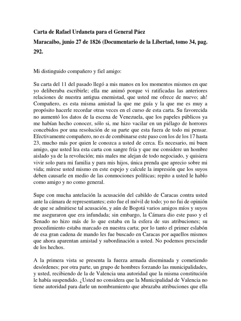 Carta de Urdaneta a General Páez | PDF | Venezuela | Colombia