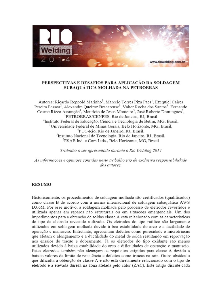 PERSPECTIVAS E DESAFIOS PARA APLICAÇÃO DA SOLDAGEM SUBAQUÁTICA MOLHADA ...
