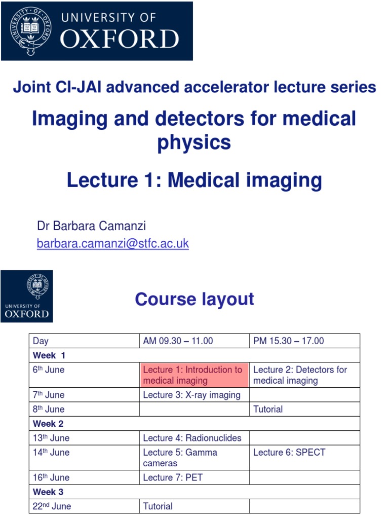 Imaging and Detectors For Medical Physics Lecture 1: Medical Imaging ...