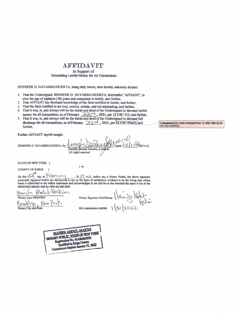 2-22-2021 Notarized Affidavit of Demand For Lawful Money Redemption | PDF