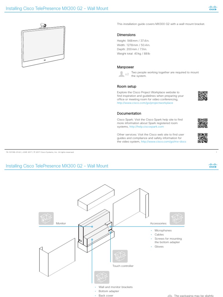 Cisco TelePresence MX300 G2 Wall Mounting Installation Sheet | PDF | Computer Monitor | Electronics