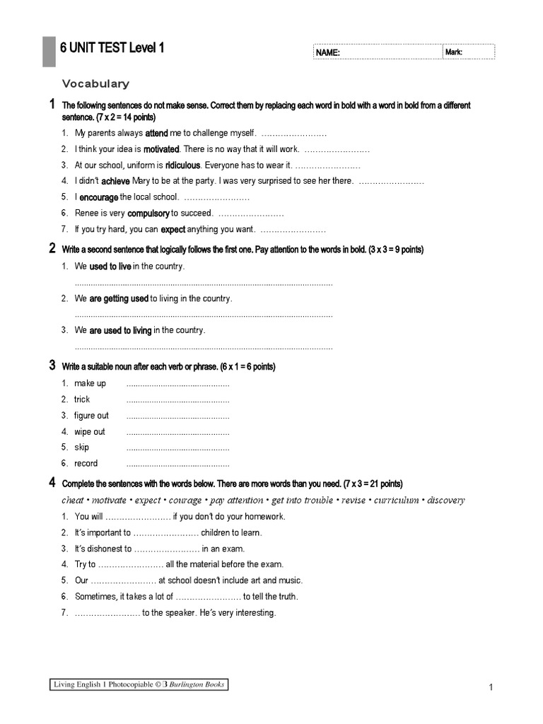 6 Unit Test Level 1: Vocabulary | PDF | Sentence (Linguistics) | Human ...