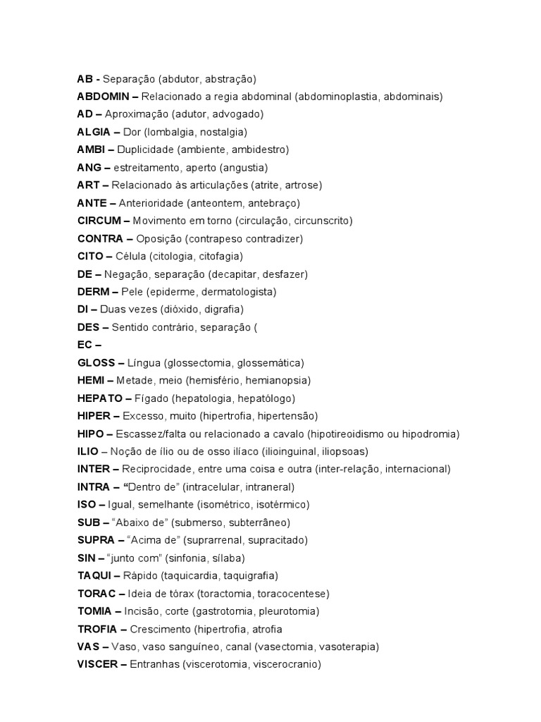 Prefixos e Sufixos | PDF | Fisiologia | Medicina Clínica