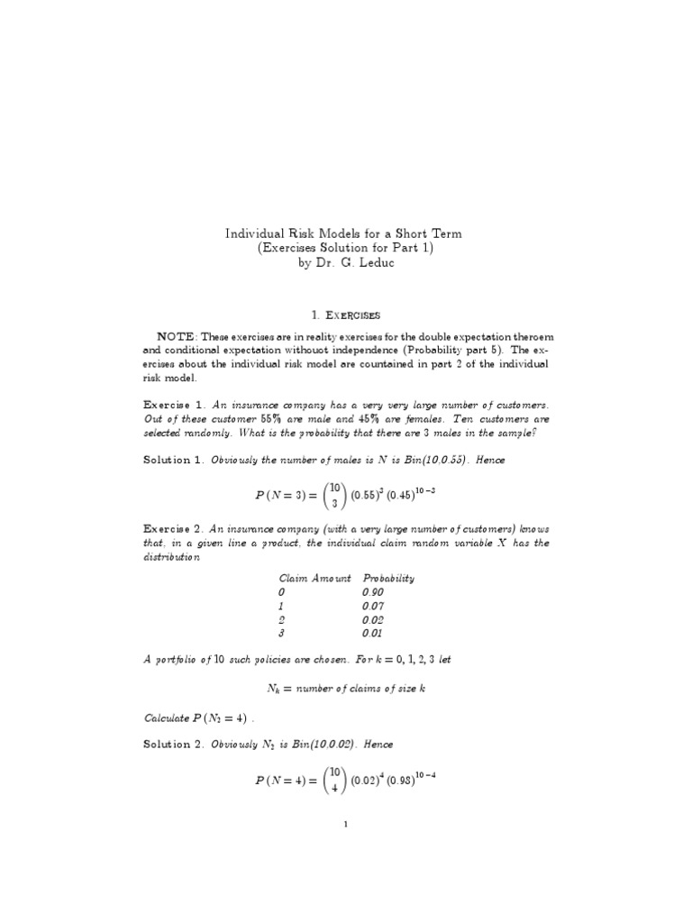 3 - Individual Risk Models For A Short Term (Part 1 Exercises Solution ...