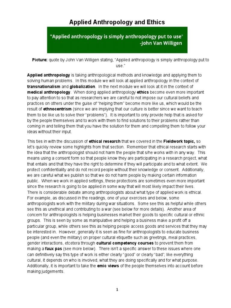 Applied Anthropology and Ethical Practices | PDF | Anthropology | Field ...