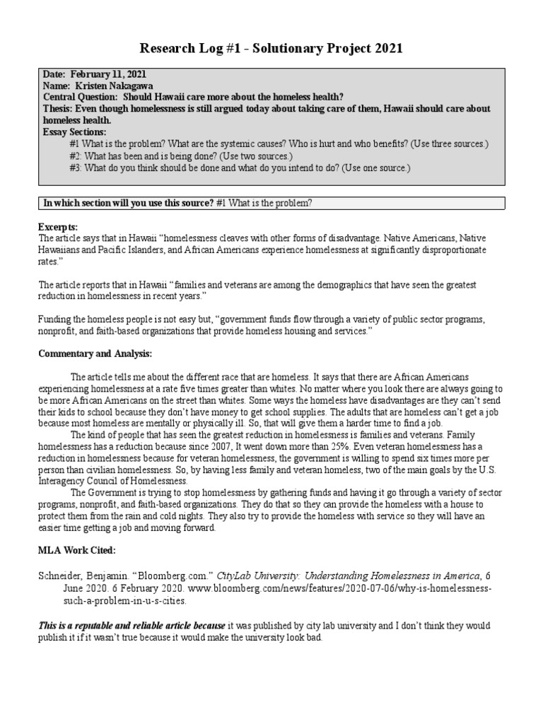 Research Log Example | PDF | Homelessness | Mental Disorder