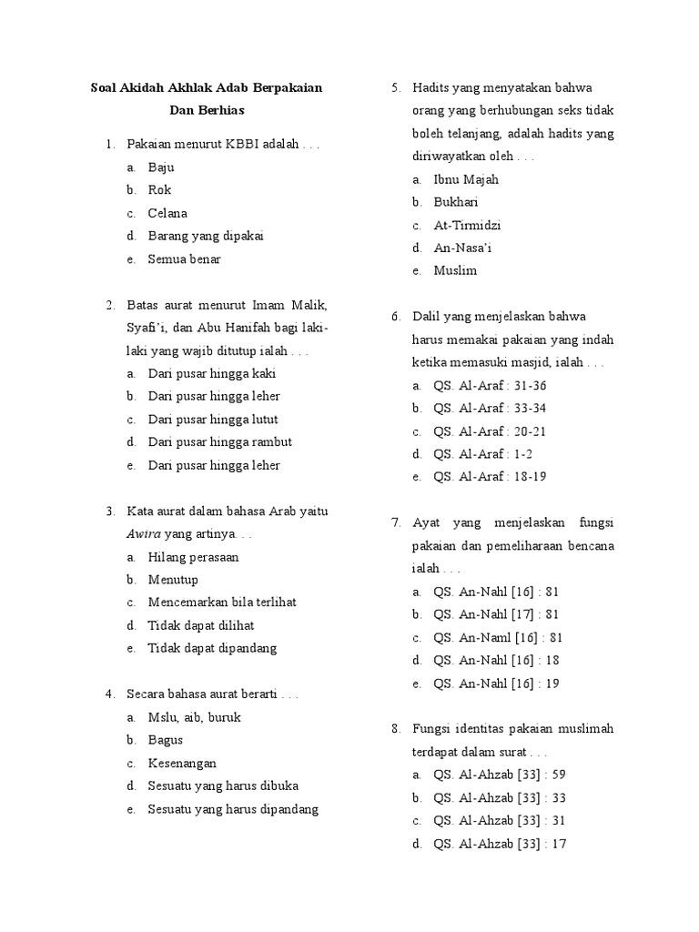Soal Akidah Akhlak Berpakaian Dan Berhias | PDF
