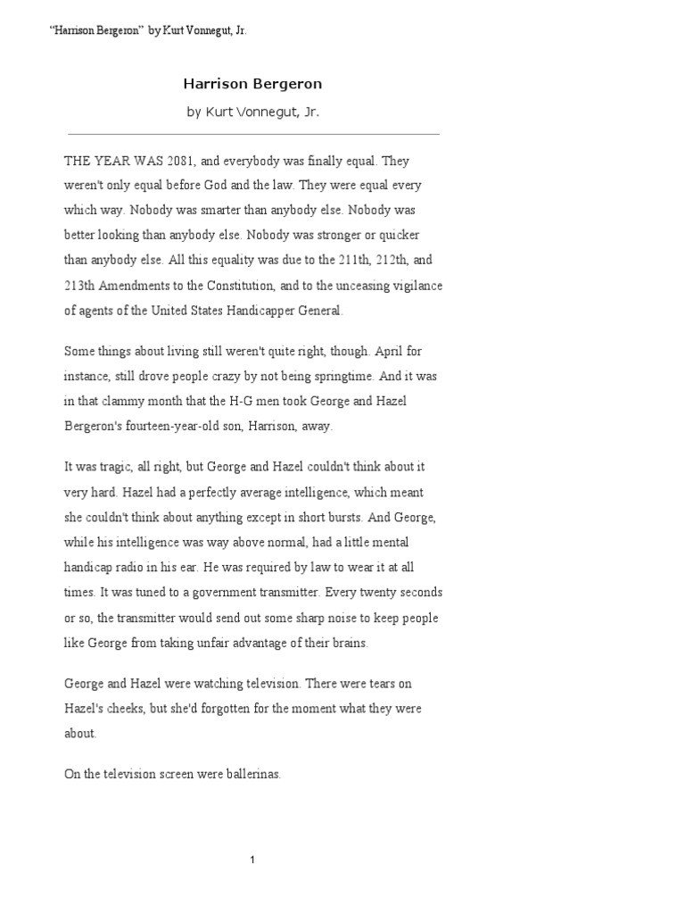 Harrison Bergeron: by Kurt Vonnegut, JR | PDF | Science Fiction Literature