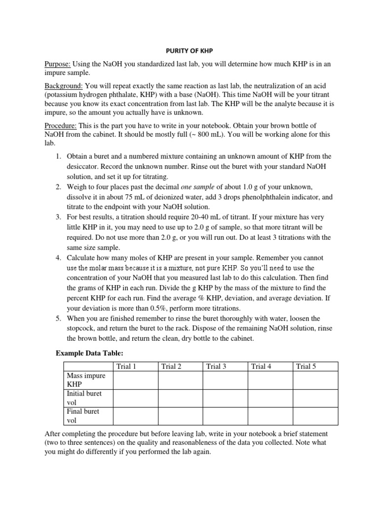 111 Lab Purity KHP | PDF | Titration | Chemistry