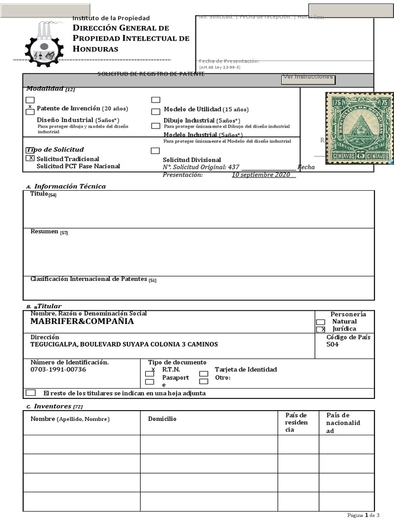 Solicitud de Registro de Patente en Honduras | PDF