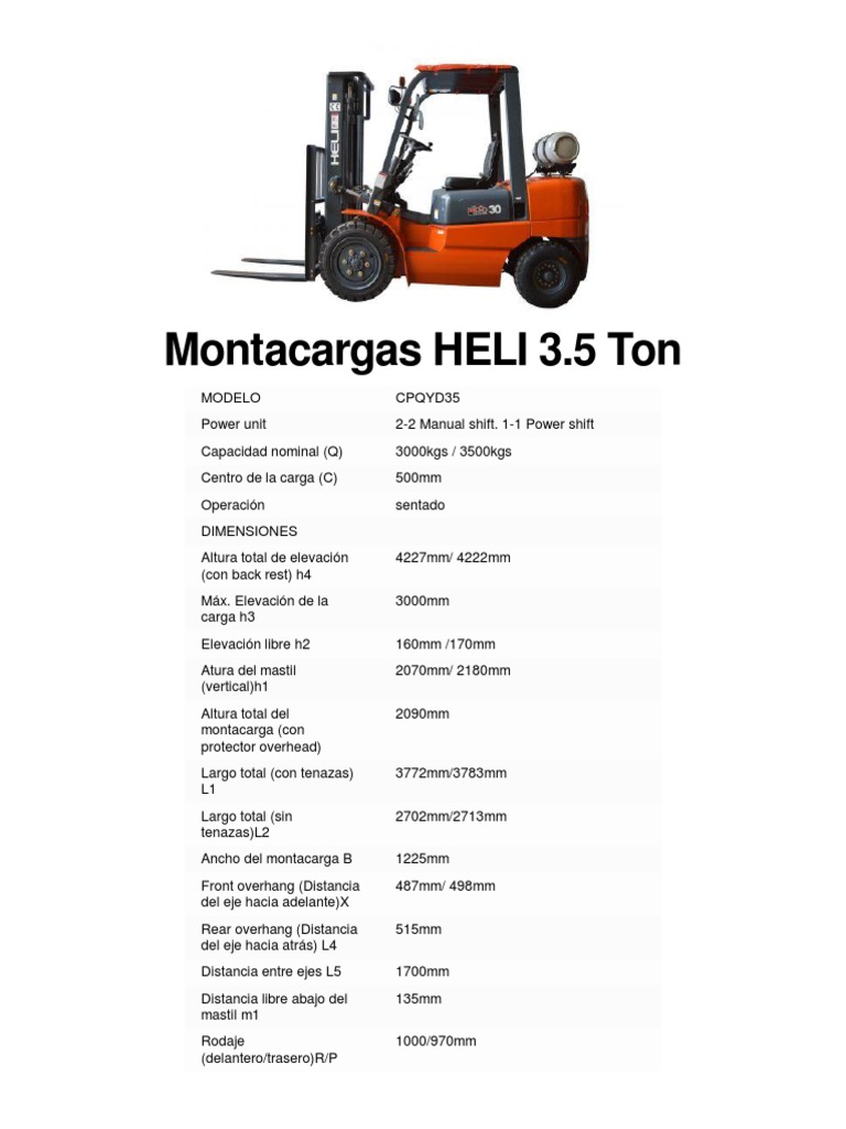 Ficha Tecnica Montacargas Heli 3-3.5 Ton | PDF