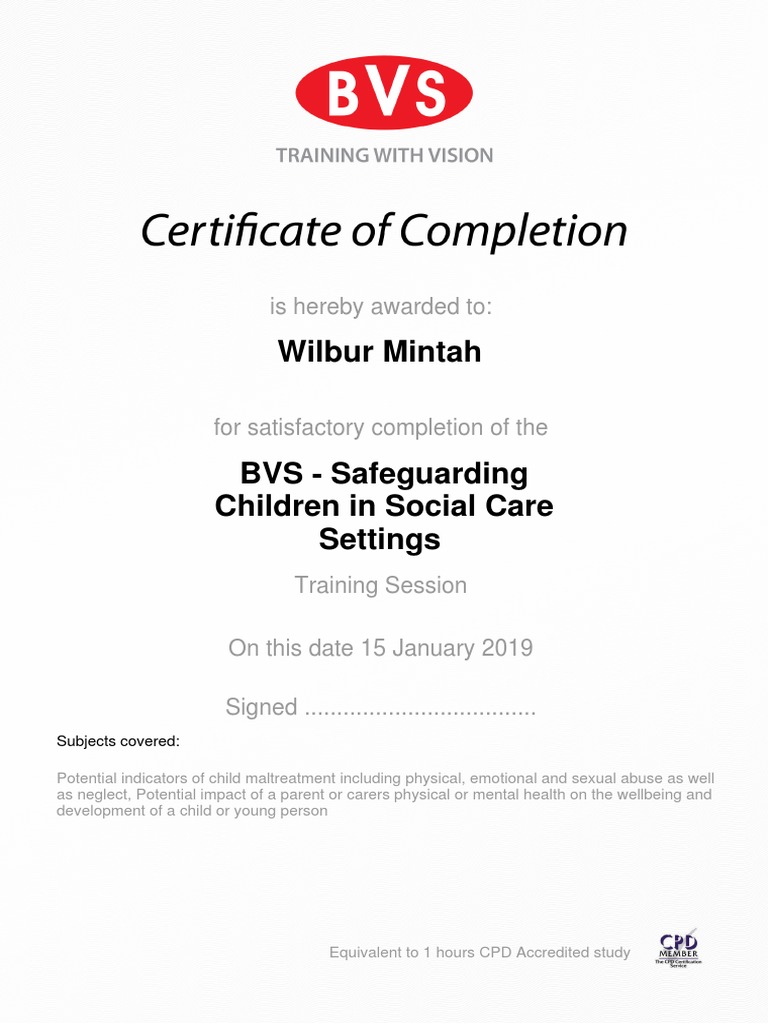 BVS Safeguarding Children in Social Care Settings Certificate | PDF