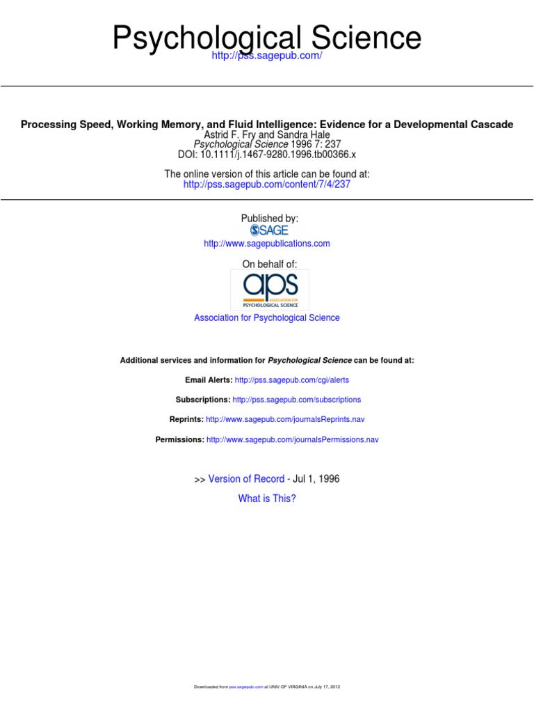 Psychological Science: Processing Speed, Working Memory, and Fluid Intelligence: Evidence For A ...