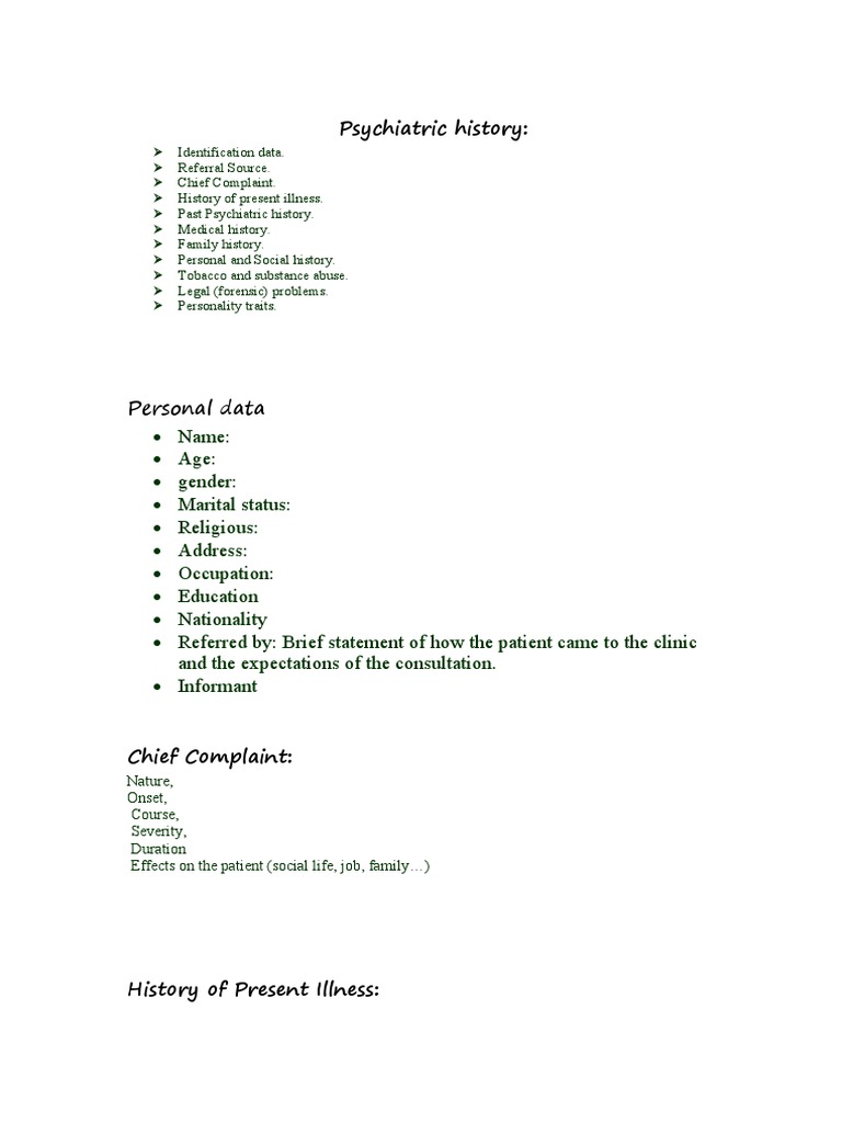 Psychiatric History:: Personal Data | Download Free PDF | Clinical ...