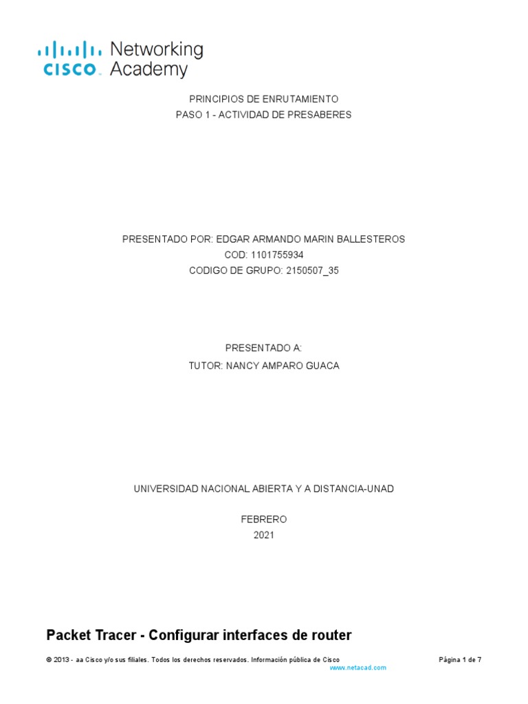 1.4.7 Packet Tracer - Configure Router Interfaces | PDF | Enrutador (Computación) | Dirección IP