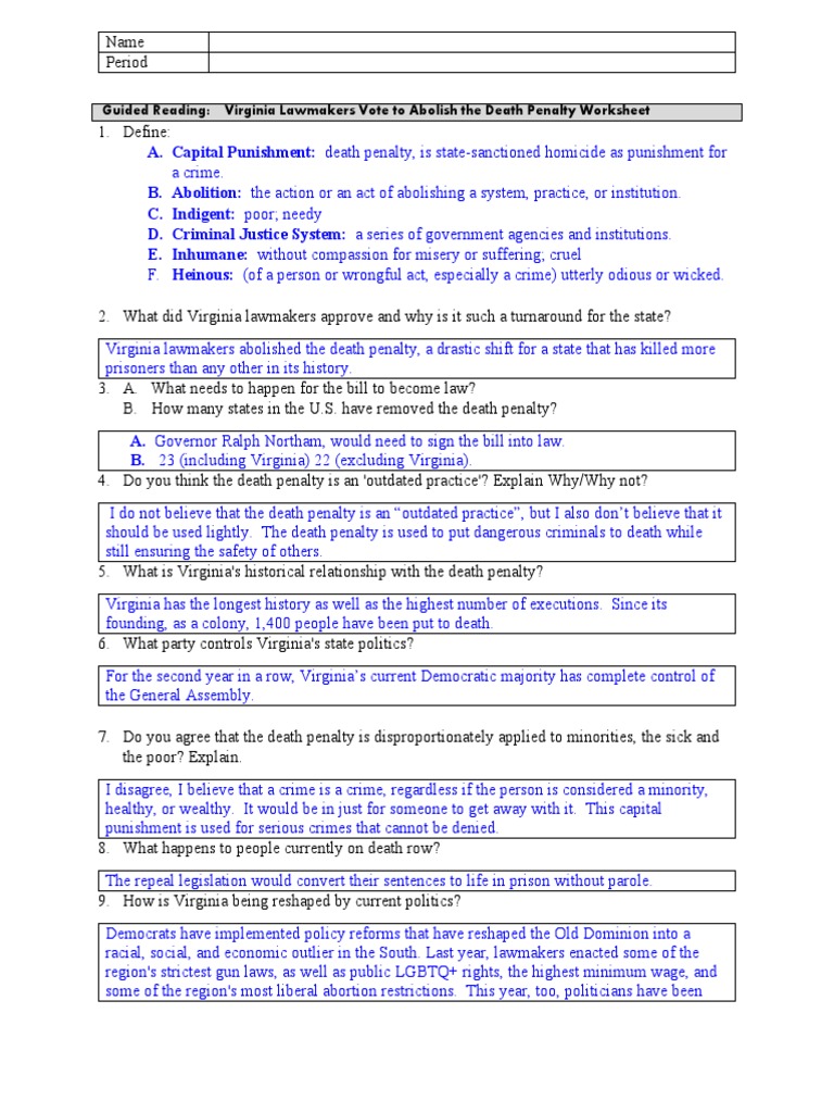 Virginia Lawmakers Vote To Abolish The Death Penalty Worksheet ...