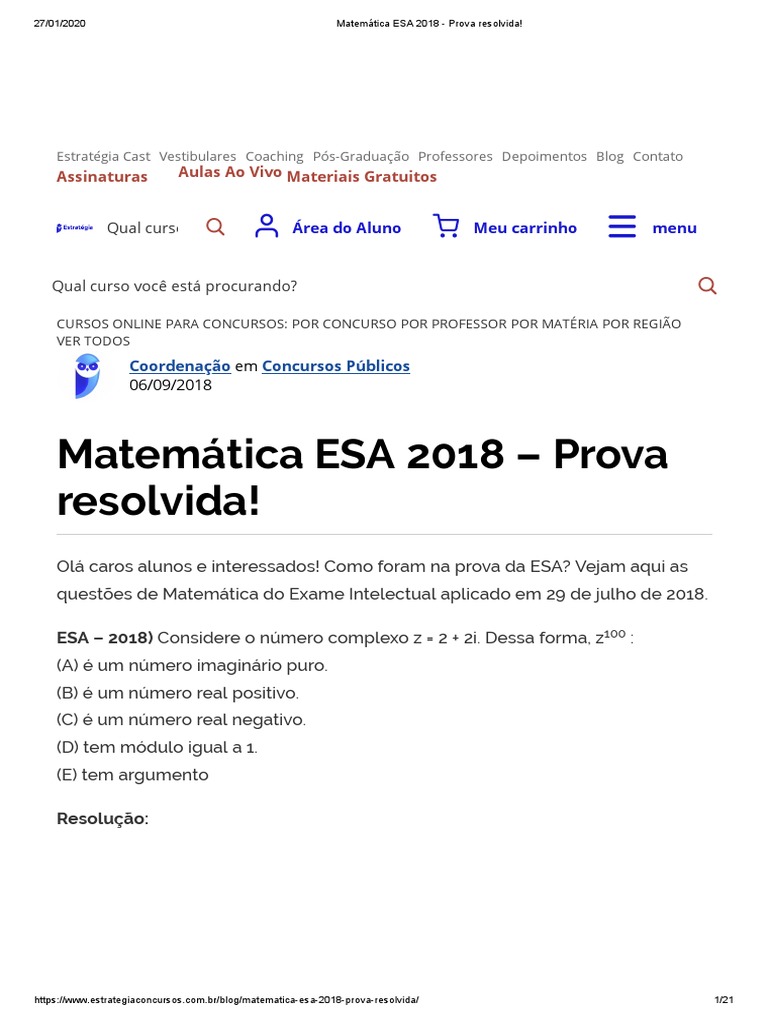 Prova de Matemática ESA 2018 Resolvida | PDF | Velocidade | Tempo