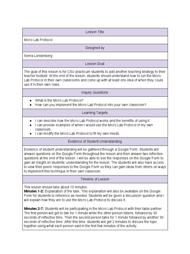 Micro Lab Protocol Lesson | PDF | Classroom | Educational Psychology