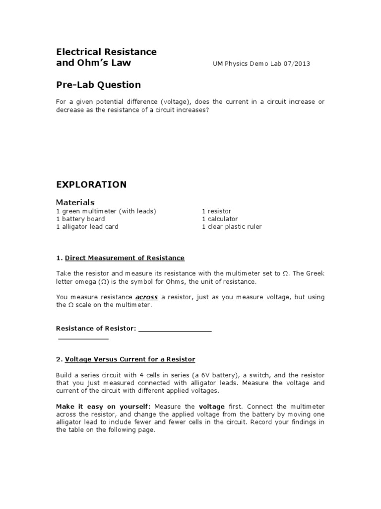 Ohm's Law - Student Worksheet | PDF | Electrical Resistance And ...