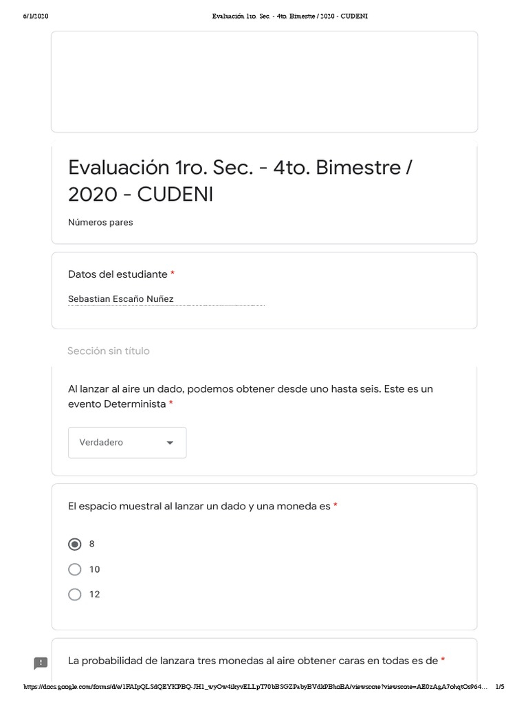 Evaluación 1ro. Sec. - 4to. Bimestre - 2020 - CUDENI | PDF ...