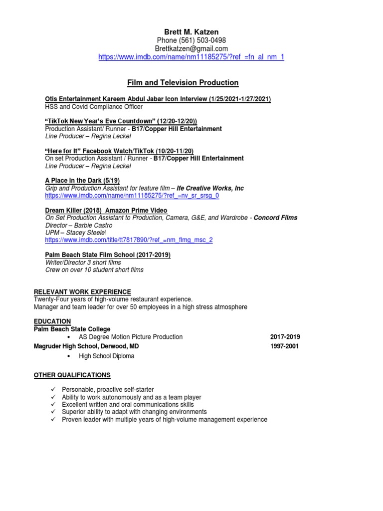 Brett - Resume Film Alt | PDF
