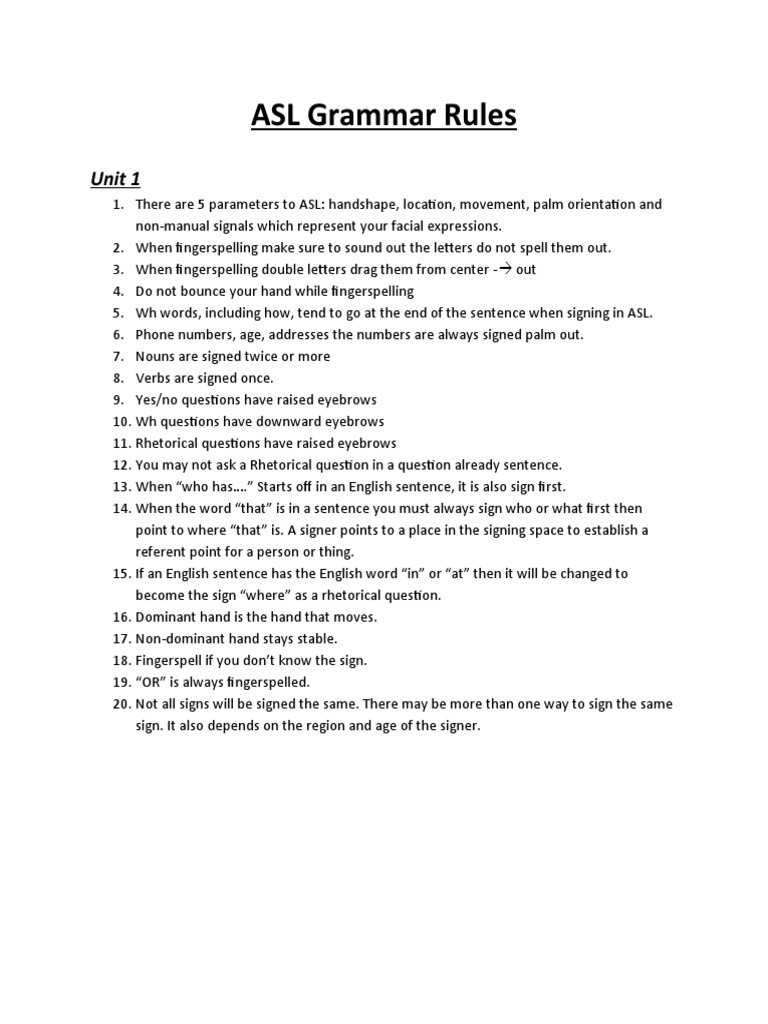 Unit 1 ASL Grammar Rules | PDF