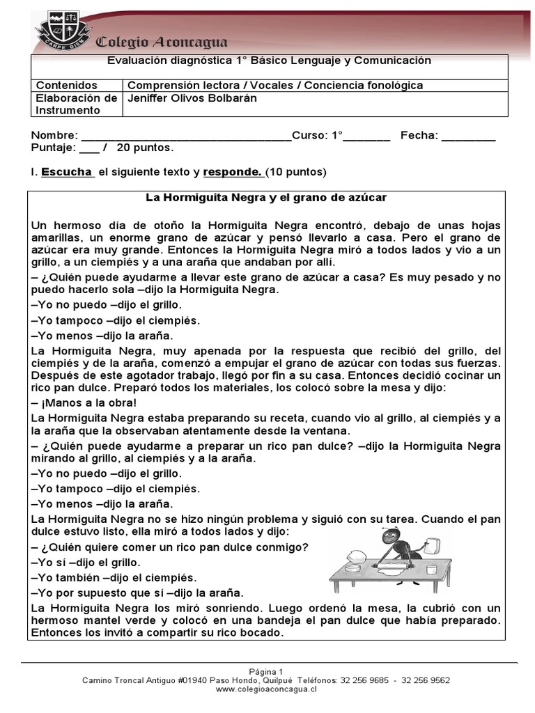 Evaluación Diagnóstica Lenguaje 1° Básico 2021 | PDF