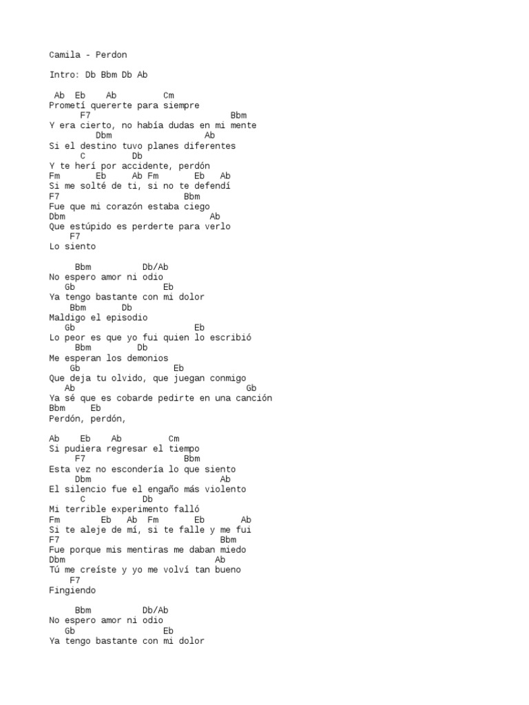 Letra y acordes de "Perdón" de Camila | PDF
