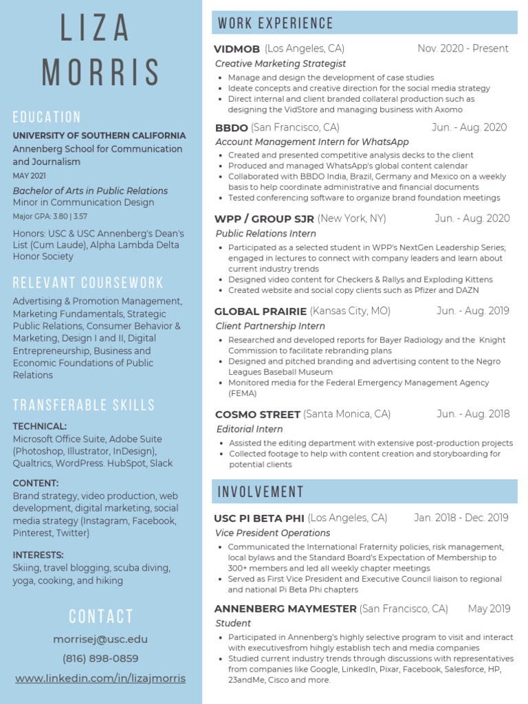 Liza Morris Resume 2021 | PDF | University Of Southern California ...