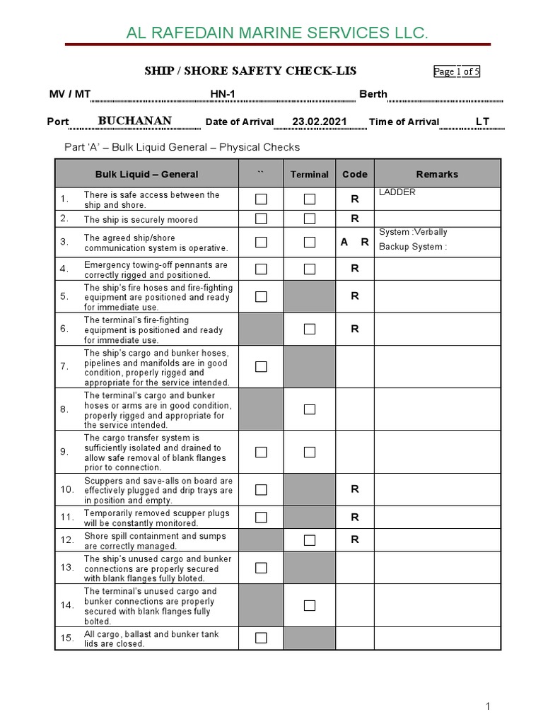 Al Rafedain Marine Services LLC.: Ship / Shore Safety Check-Lis | PDF ...