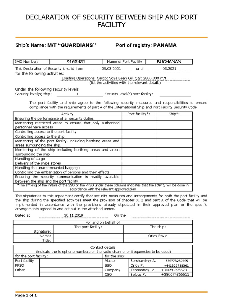Declaration of Security Between Ship & Port Facility | PDF | Port | Water Transport