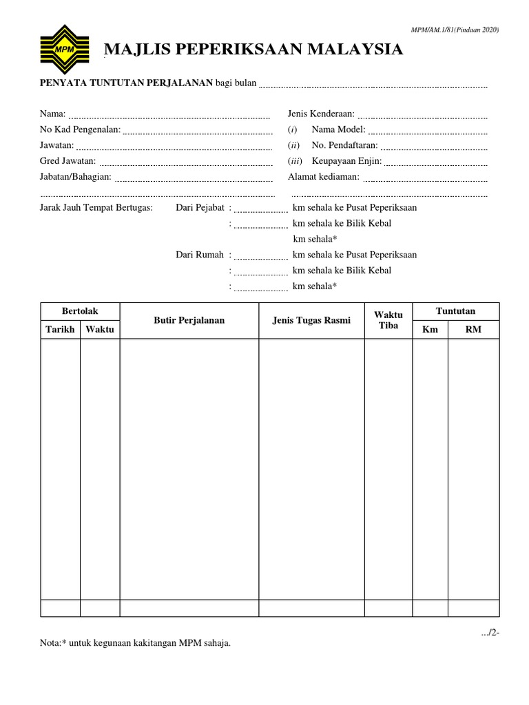 Template - Borang - Tuntutan - Perjalanan - (Pindaan 2020) Final | PDF