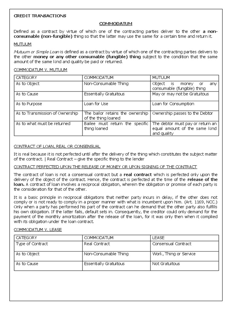 Credit Transaction (1) - Commodatum, Mutuum & Deposit | PDF | Lease ...
