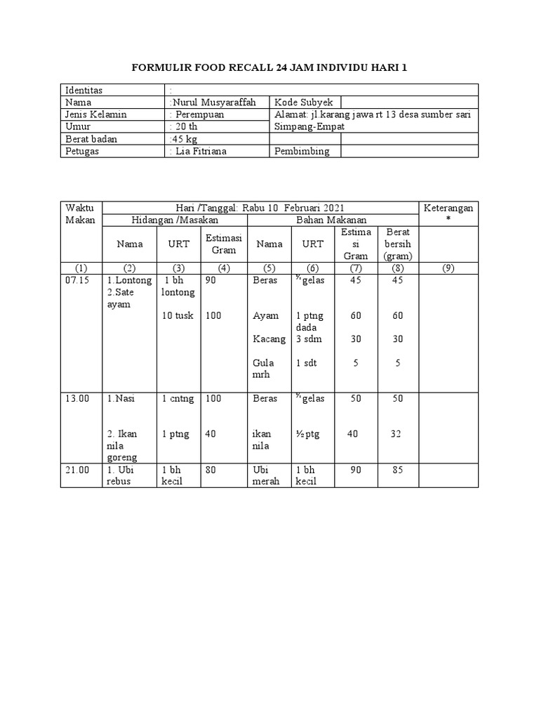 Formulir Food Recall 24 Jam Individu | PDF