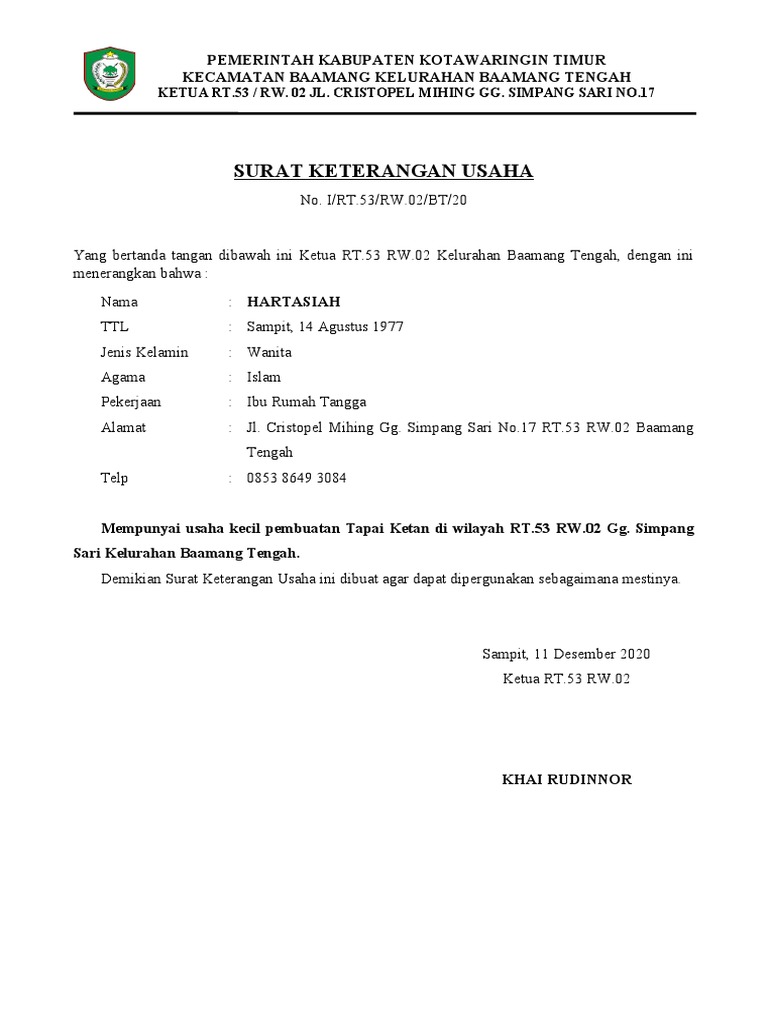 Surat Keterangan Usaha Dari RT | PDF
