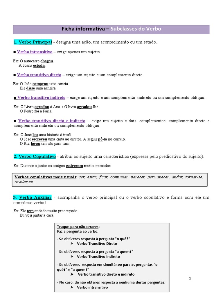 Subclasses do Verbo: Guia Completo | PDF | Assunto (gramática) | Mecânica da linguagem