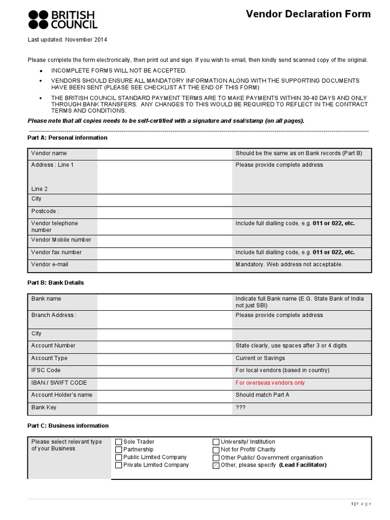Vendor Declaration Form Instructions | PDF | Banks | Business