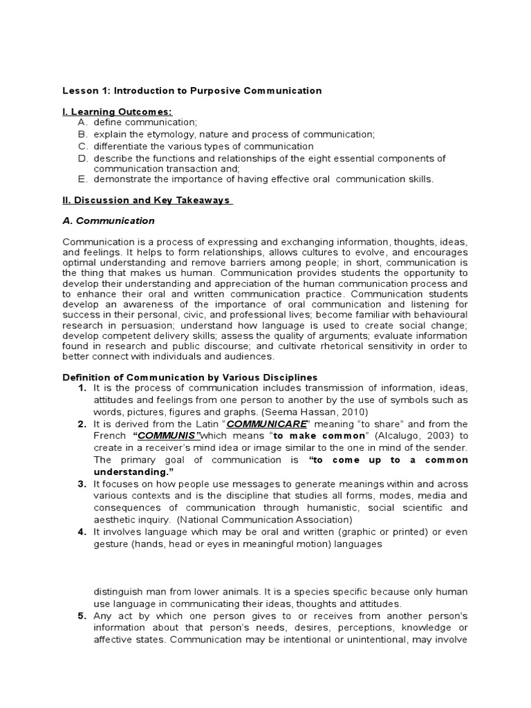 Lesson 1 - Introduction To Purposive Communication | PDF ...