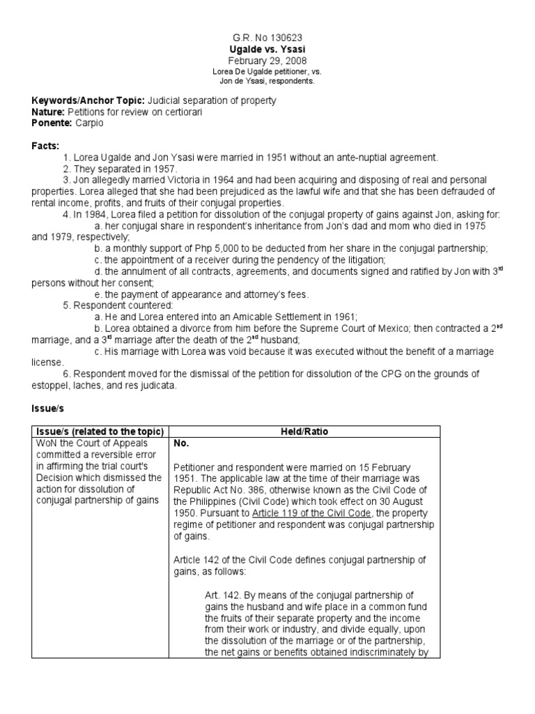 Ugalde vs. Ysasi: Judicial Property Separation | PDF | Marriage | Justice